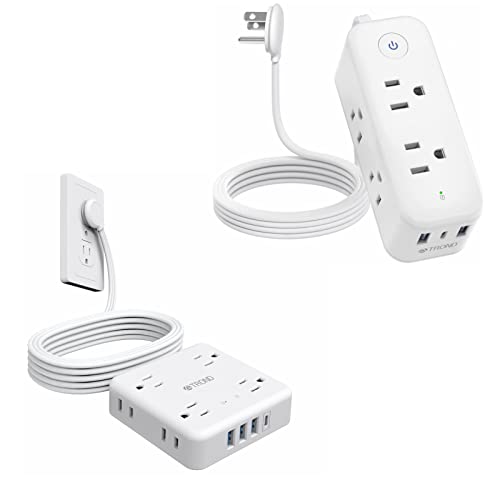 Flat Plug Power Strip - TROND 5ft Ultra Thin Extension Cord with 6 Widely Outlets and 3 USB Ports(1 USB C) + TROND 10FT Thin Flat Extension Cord 3 USB-A & 1 USB-C Port, 8 Widely-Spaced Outlets