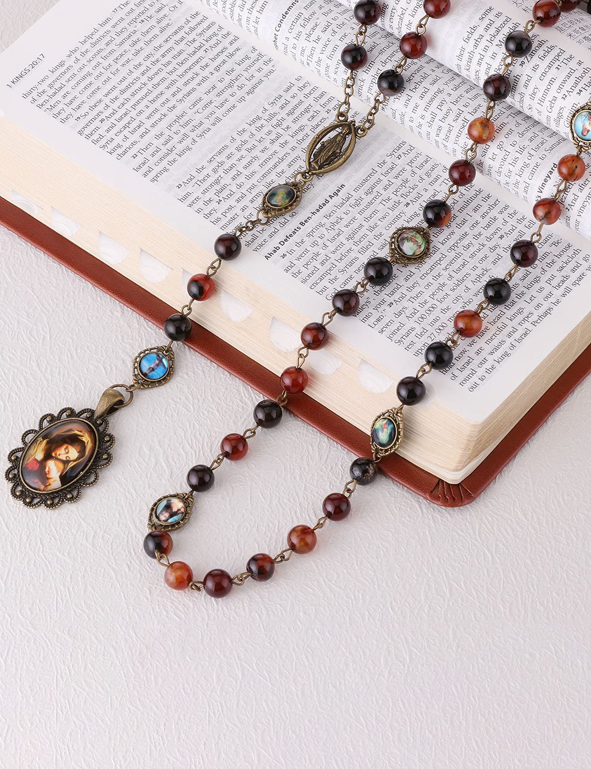 diyalo Servite Rosary of the Seven Sorrows 7 Prayer Beads Chain Religious Holy Blessed Virgin Mary Pendant Y-Necklace (Dark Brown Agate Beads)