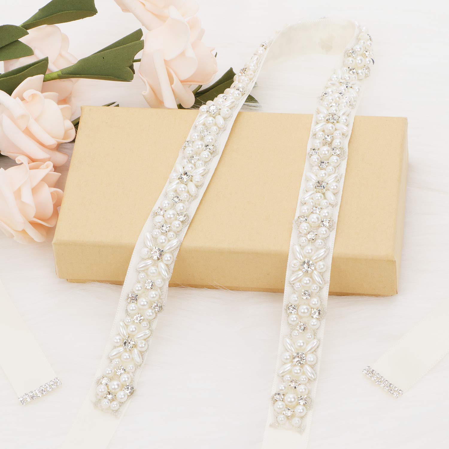 Tendaisy Women's Rhinestone Belts with Pearls Crystal Birdal Sashes for Wedding Gowns Ivory