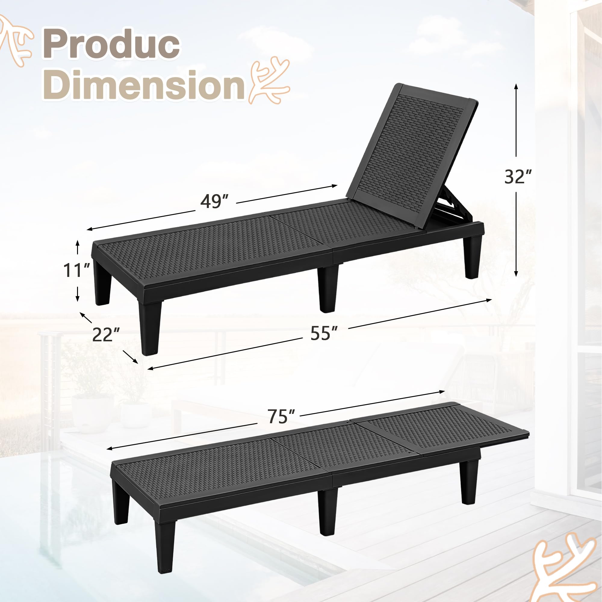 Homall Outdoor Lounge Chairs Set of 2, Quick Assembly & Waterproof Patio Chaise Lounge with Adjustable Backrest for Poolside, Beach, Garden (Black)