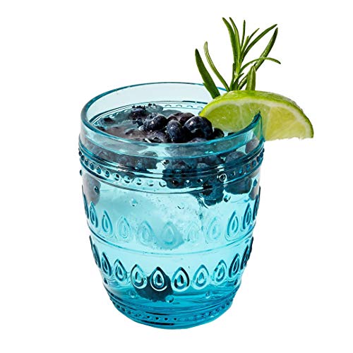 Euro Ceramica Fez Collection Drinkware and Glasses, 12oz Old Fashion Set of 4, Teardrop Mandala Design, Turquoise