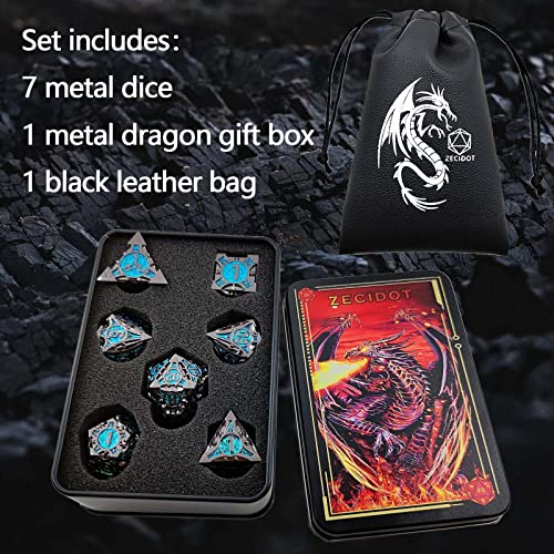 DND Dungeons and Dragons Dice with Gift Box & Dice Bag Metal Polyhedral Large D&D Dice Set for RPG MTG Pathfinder Role Playing Dice D and D Dice D20 D12 D10 D8 D6 D4 Black Flash Blue