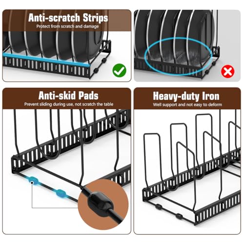 Housolution Pot Lid Organizer, Upgraded Expandable Pot and Pan Organizer with 14 Adjustable Deeper U-Shaped Dividers, Pot and Pan Storage Rack Lid Holder for Cabinet, Black