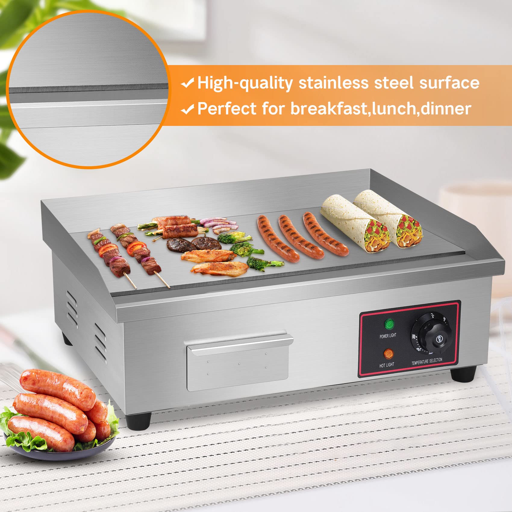 PNKKODW 3000W Commercial Griddle,22βx14β Electric Griddles Grill,Commercial Flat Top Griddle Countertop Griddle Hot Plate Kitchen Stainless Steel Restaurant Grill with Griddle Accessories