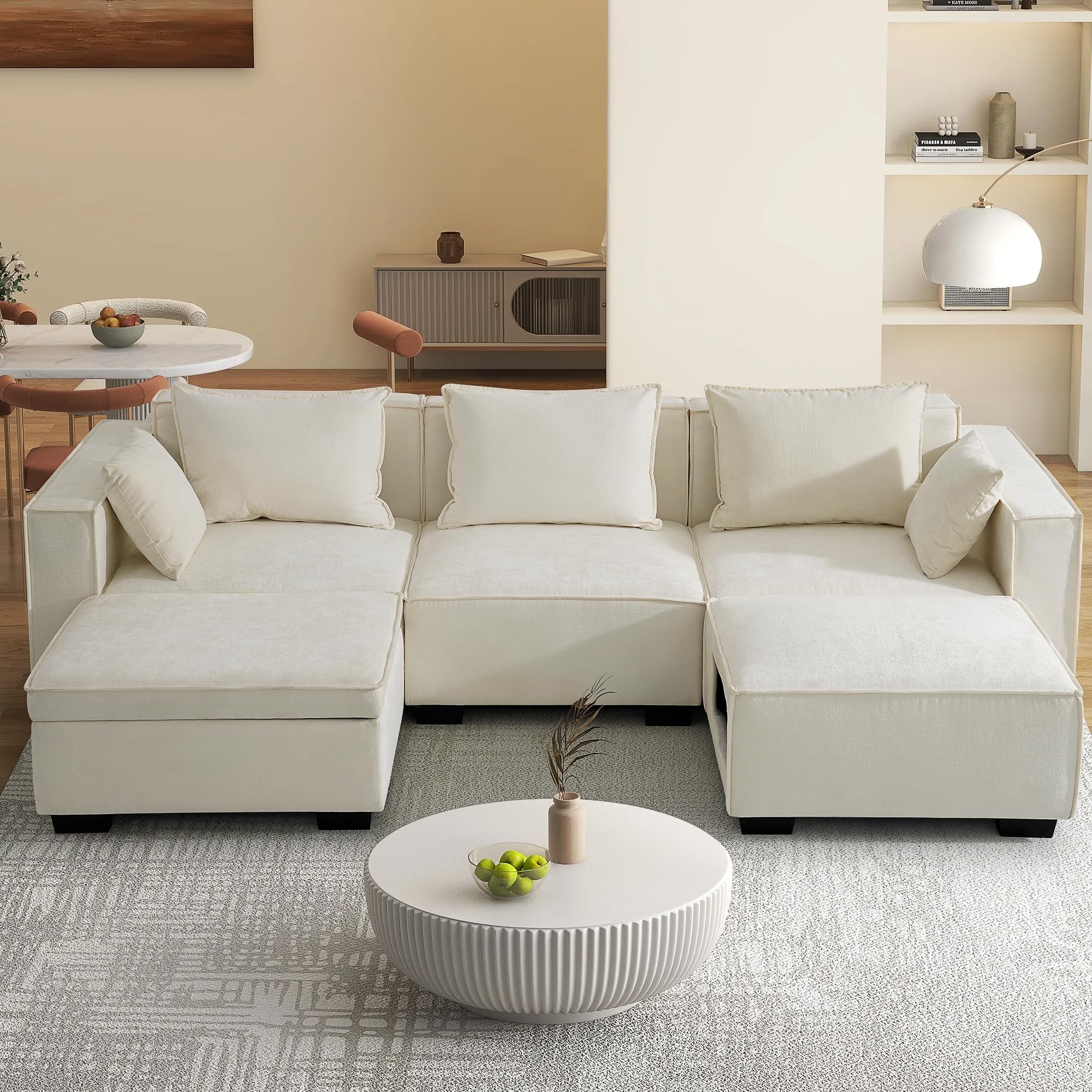 MEROUS Modular Sectional Sofa 108.6" Oversized U Shaped Sofa Couch with Storage&Cathole Ottoman 5 Seat Modern Sofa Couch for Living Room,Washable Pillow Cover (Chenille, White)