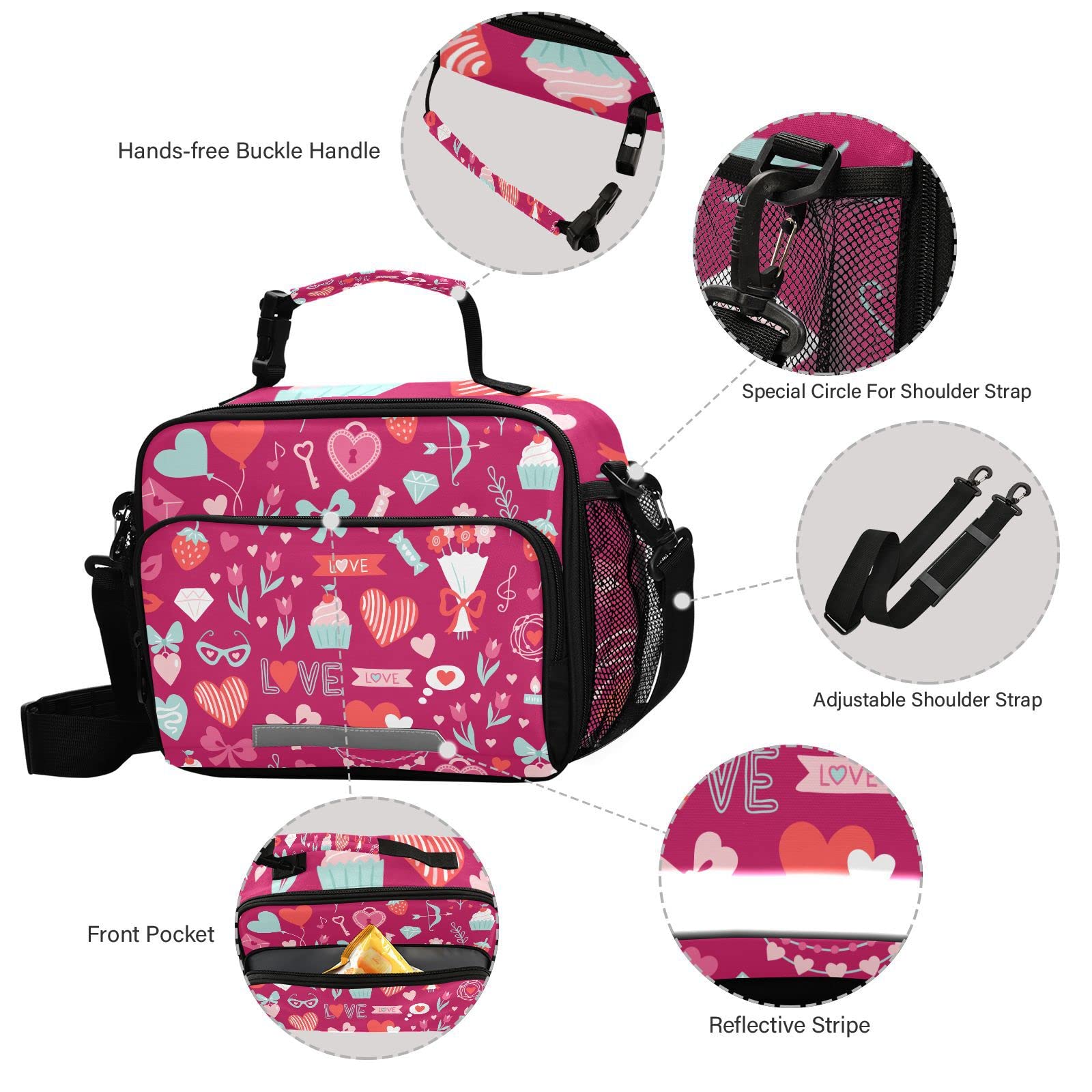 ElliTarr Lunch Box Women Kids Men Insulated Lunch Bag Lunch Tote Bag Large Capacity Leakproof Lightweight Reusable Cooler Bag with Side Pockets and Adjustable Shoulder Strap Love