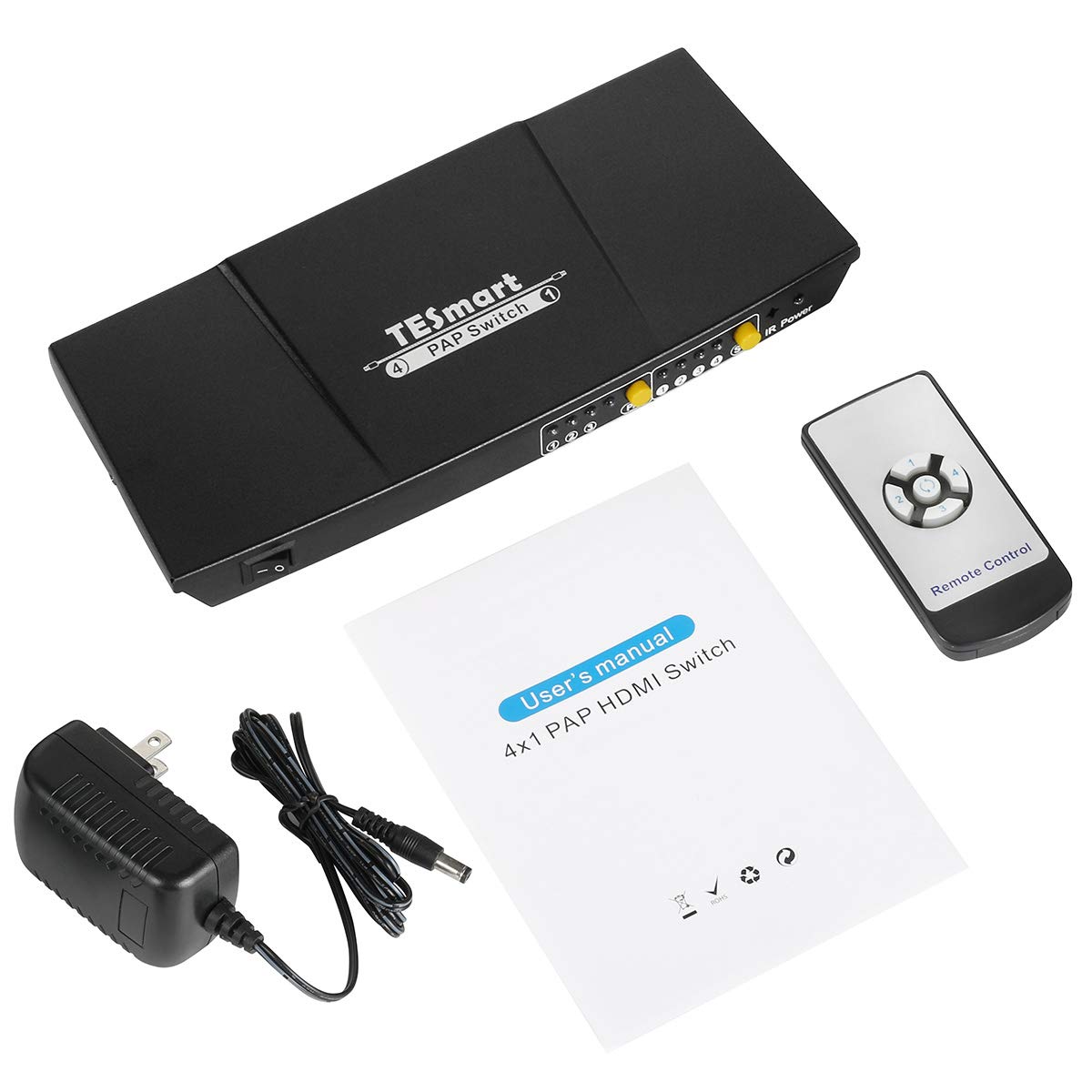 TESmart HDMI Switch 4X1 Quad Screen Multi-Viewer Splitter Seamless Switcher with 5 Display Modes IR Remote, Support 1080P@60Hz 4 in 1 Out(Black)