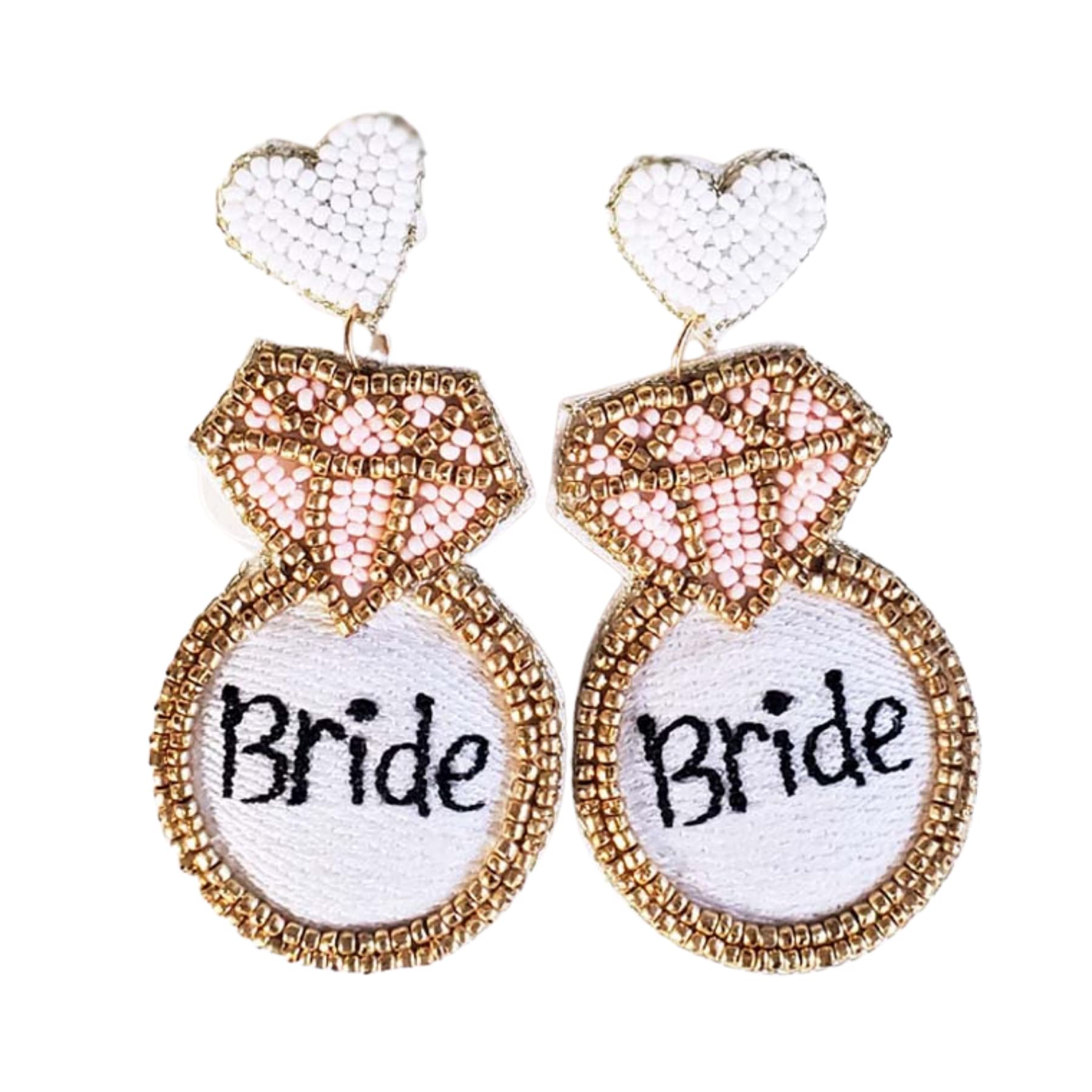 Diamond Ring Bride Earrings, Seed Bead Bride Earrings Bachelorette, Beaded Diamond Ring Bride Earrings, Wedding Accessories for Brides, Bride Bachelorette Accessories (Bride - White)