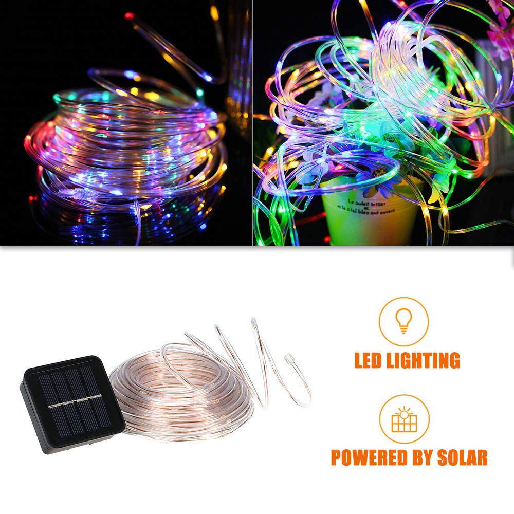 Decdeal Solar String Lights, 46ft 120 LED Rope Light 8 Modes Warm White Lights for Party Garden Home Festival Decoration