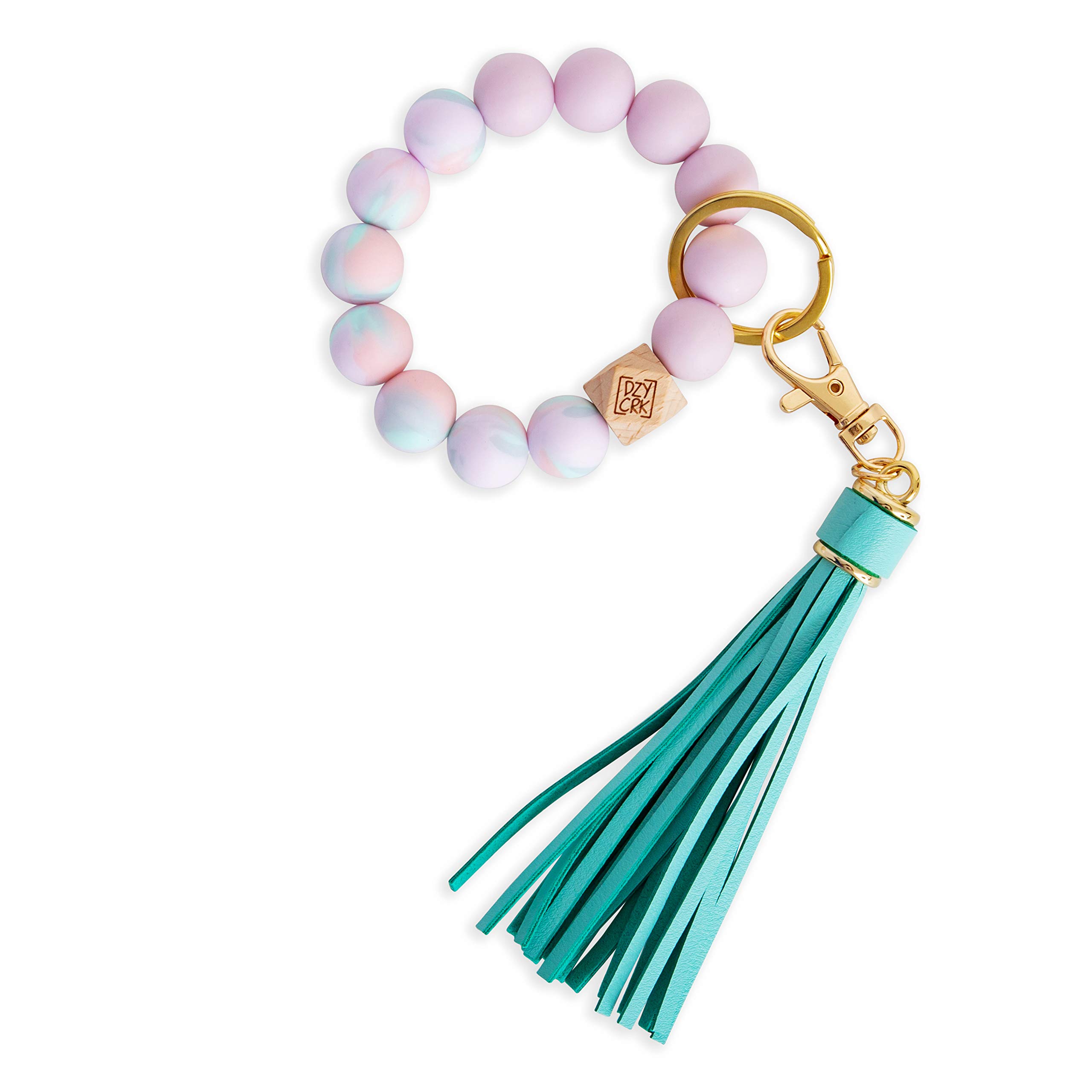 dizzy creek designs Silicone Key Ring Bracelet, Women Beaded Bangle Keychain Wristlet Leather Tassel (Bubble Gum)