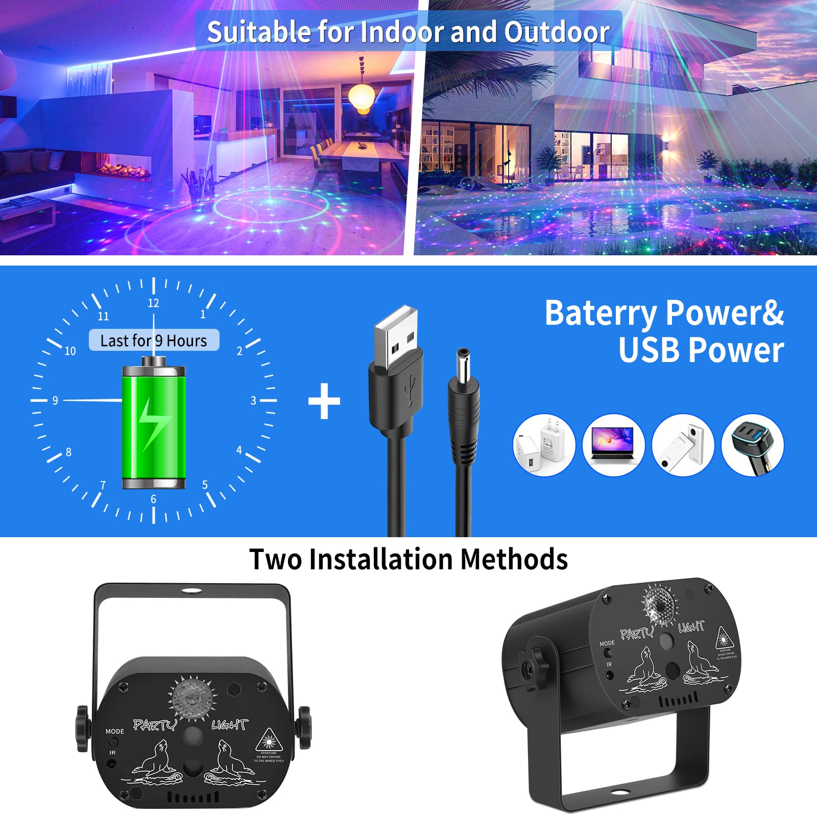 DJ Disco Stage Party Lights, U`King RGB LED Strobe Laser Light for Parties, Built-in Powered 9-26 Hours Battery Playing with Remote Control for Weddings Parties Stage Lighting