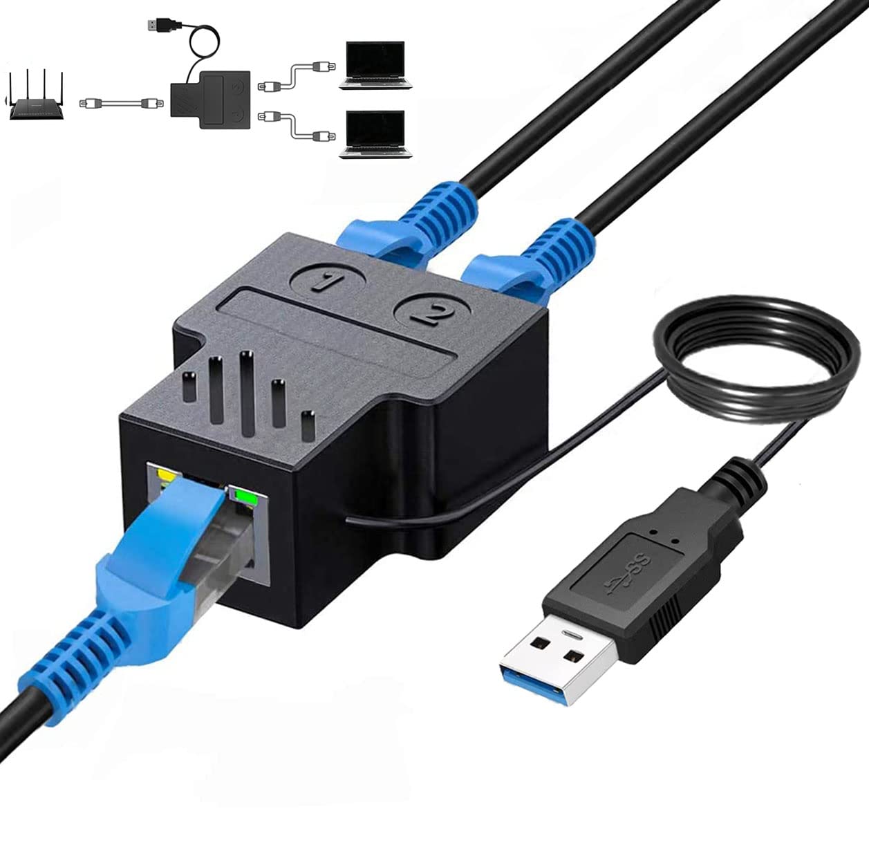 Ethernet Splitter 1 to 2 RJ45 Network Adapter [Internet at The Same Time], USB to Dual Female RJ45 Port with 1.2m USB Power Cable, for Cat 7/6/5/5e Network Cable, Compatible with Router,TV, Computer