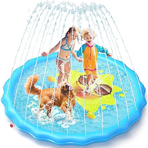 QPAU Non-Slip Splash Pad for Kids and Dog | 0.4 mm Thickened Sprinkler Pool Water Play Mat for Summer and Outdoor | Fun Backyard Water Toy Fountain Mat for Baby Girls Boys or Pet Dog (67"), Blue