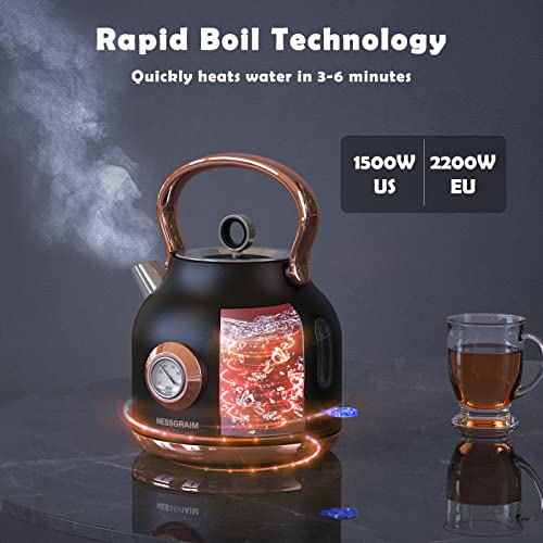 NESSGRAIM Retro Electric Kettle, 1.7L Stainless Steel Tea Kettle with Large Temperature Gauge, 1500W Fast Heating Hot Water Boiler with LED Indicator, Auto Shut-off & Boil-Dry Protection-Reteo Black