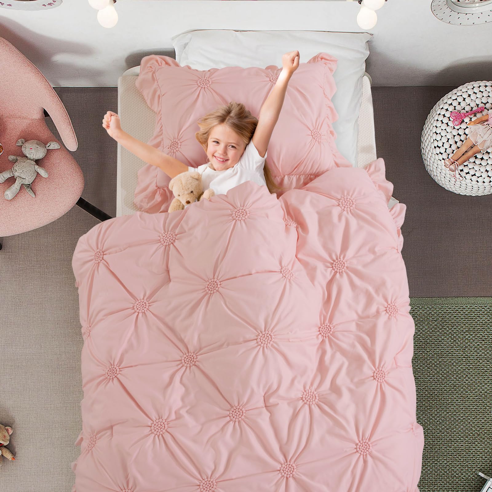 HOMBYS Pink Bedding Comforter Set for Girls, 3 Piece Blush Pinch Pleat Comforter Set with Ruffles for All Season,Twin Size