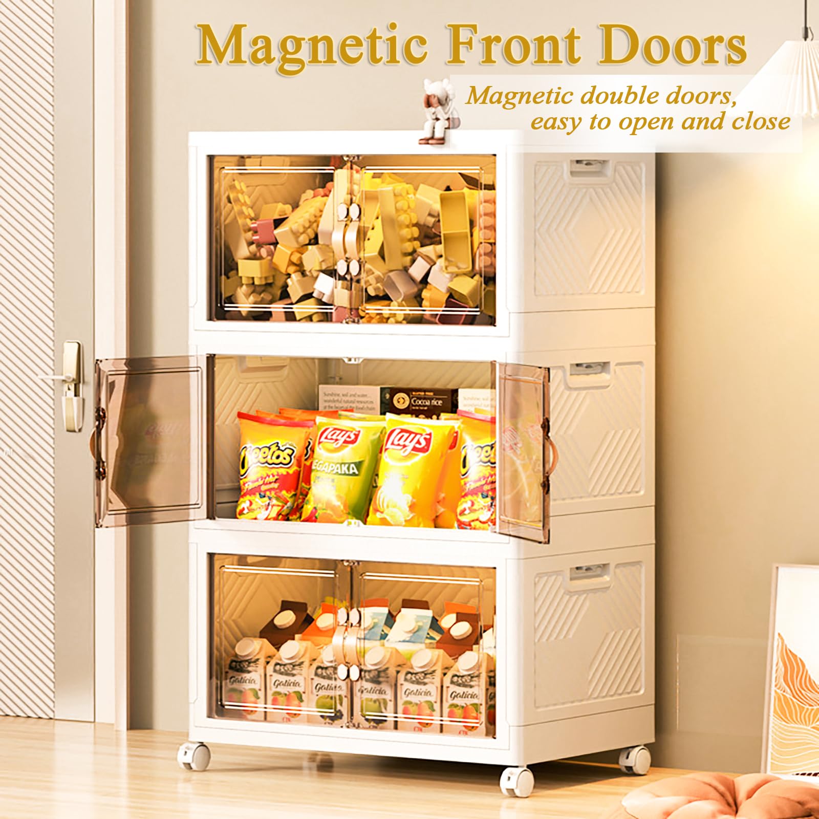 Jacriah Plastic Drawer Storage Bins with Lid, Stackable Storage Bins Open Front, Closet Organizers and Storage Cabinet with Doors and Shelves, Collapsible Storage Bins with Wheels (3 Layer-24 Gallon)