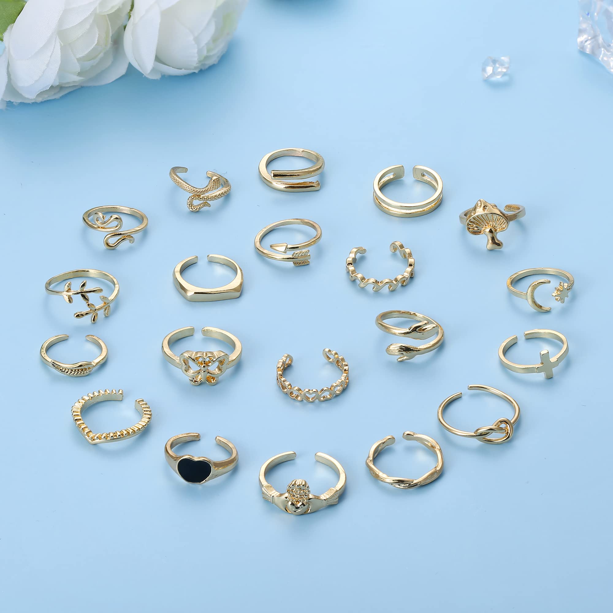 DOLOTTA 20PCS Adjustable Toe Rings for Women Heart Leaf Arrow Open Toe Ring Set Knuckle Midi Tail Ring Women Summer Beach Foot Jewelry Set