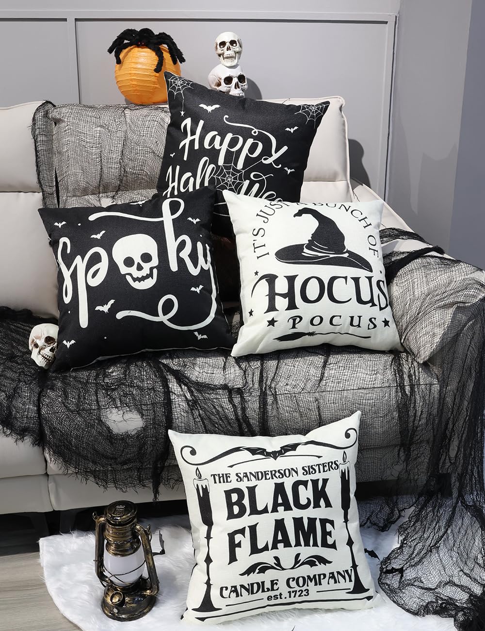 Halloween Decorations Pillow Covers Double-Side Printing 18x18 Set of 4 Halloween Decor Indoor Outdoor Hocus Pocus Farmhouse Saying Halloween Decorative Cushion Cases Spider Web Cat Skull Home Decor
