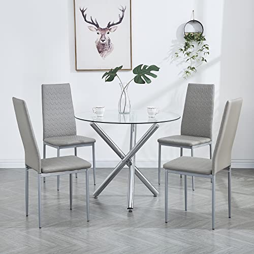 paonne Round Dining Table Set for 4, Glass Round Kitchen Table and Chairs for 4, 5-Pieces Table with Chair Set