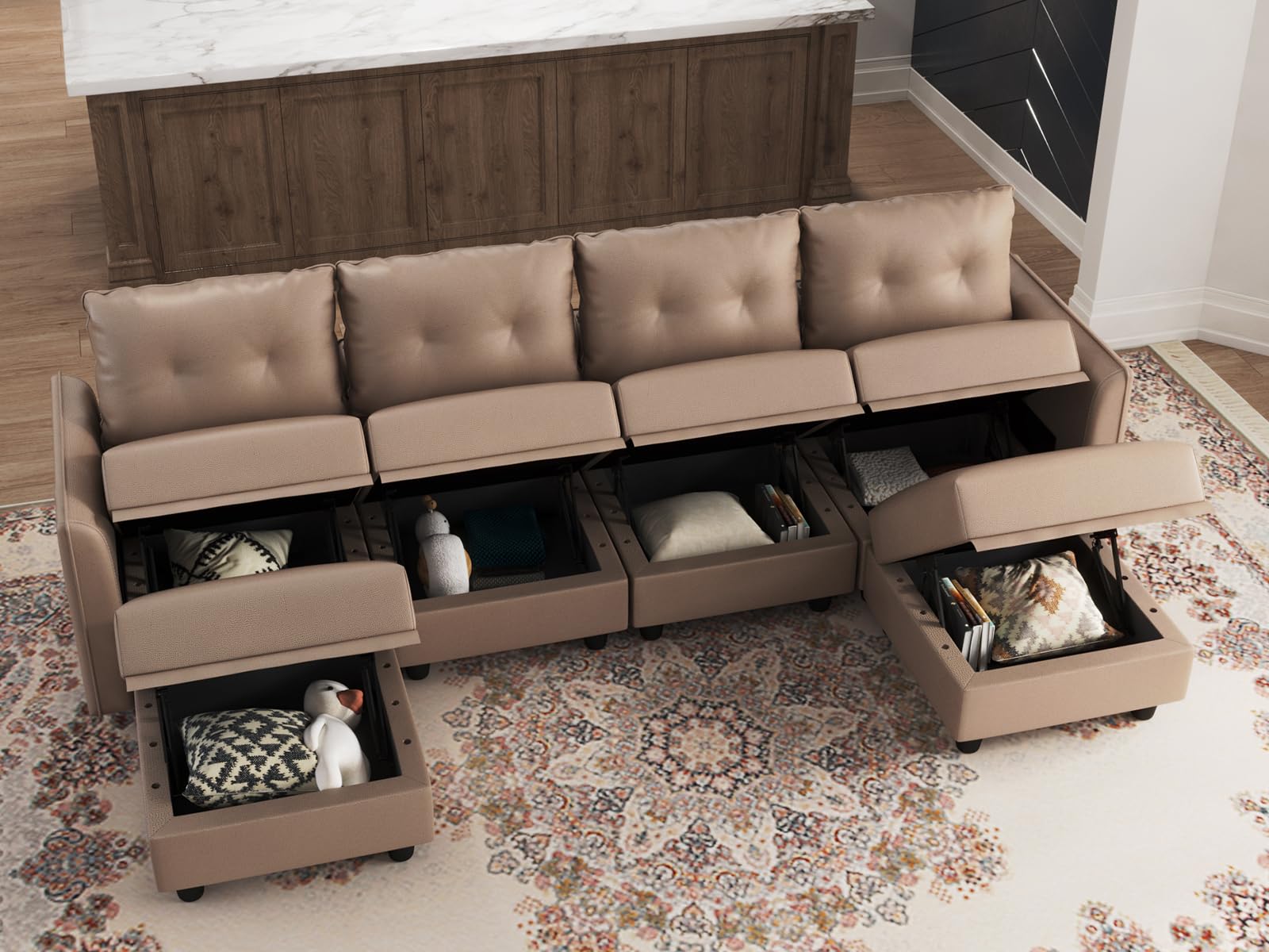 LLappuil Modular Sectional Sofa, Convertible U Shaped Couch with Storage, Faux Leather Fabric Waterproof Sectional Couch for Living Room, 111.8" Width, 6 Seat Modular Sofa, Cognac Brown