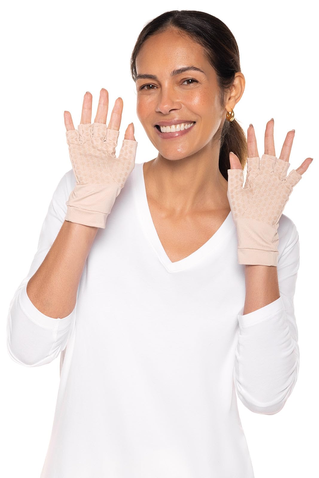 Coolibar UPF 50+ Men's Women's Ouray UV Fingerless Sun Gloves - Sun Protective (Medium- Beige)