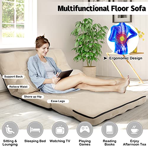 KOMFOTT Adjustable Floor Sofa Bed, Foldable Lazy Sofa Sleeper Bed with 6 Position Backrest & 2 Pillows, Convertible Futon Couch Bed with Suede Cloth Cover, Lounge Recliner for Living Room