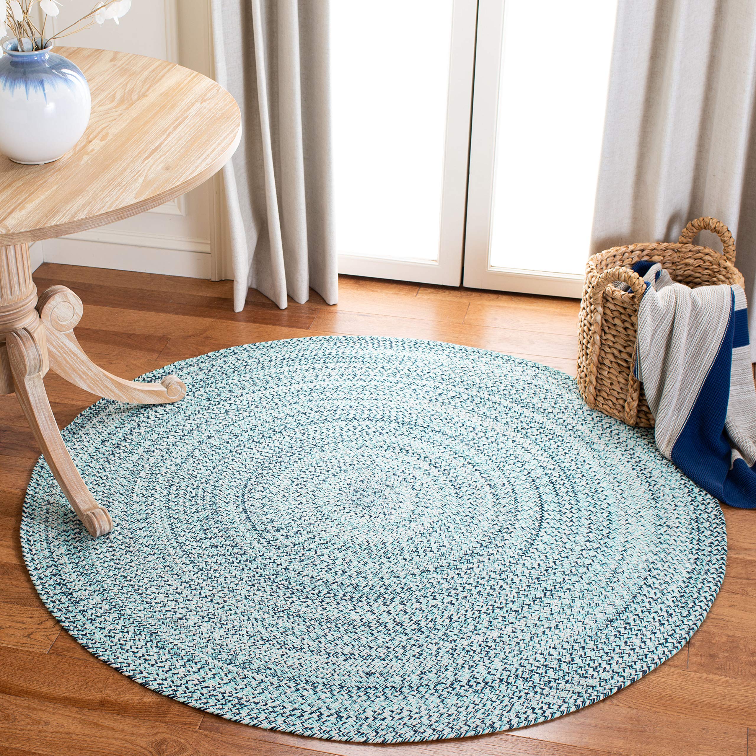 SAFAVIEH Braided Collection 6' Round Aqua / Ivory BRD701J Handmade Country Cottage Reversible Cotton Area Rug