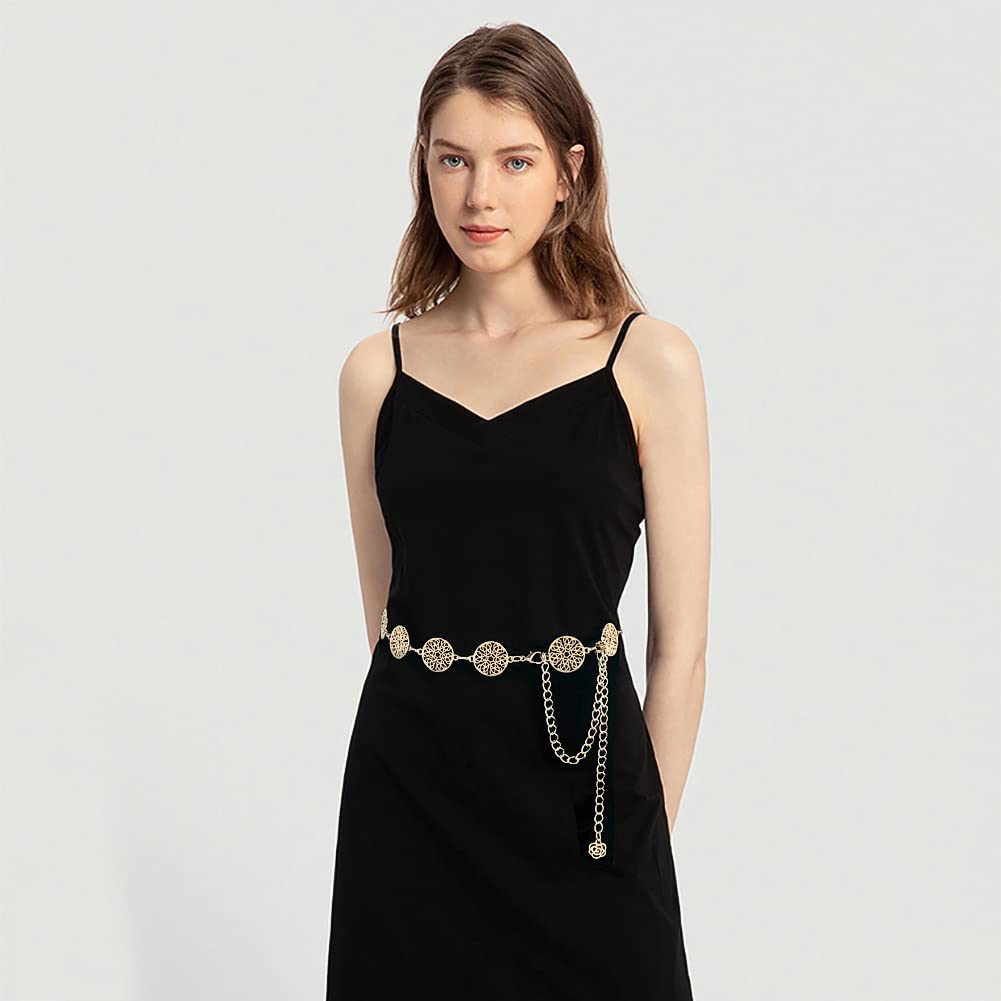 DTWAWA Hollow Round Decor Chain Belts for Women, Metal Waist Chain Plus Size for Her Dresses(Gold,41.3in)