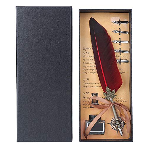 Yosoo Calligraphy Dip Pen Set, Vintage Feather Fountain Writing Pen Calligraphy Ink Quill Dip Pen Home Decor with Gift Box for School Kids Students Children Christmas New Year Gift (Red)