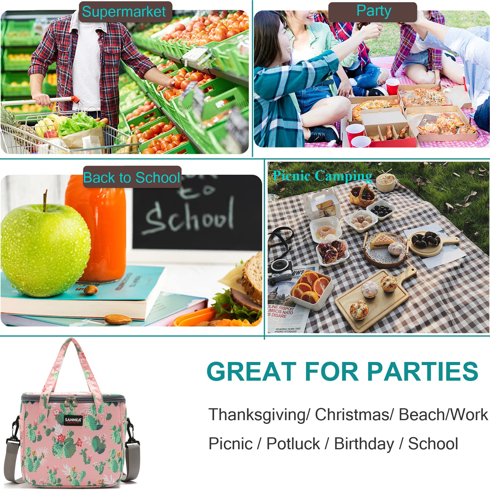 Evergoo Reusable Lunch Bags for Women, Insulated lunch Box with Adjustable Shoulder Strap, Cute Thermal Cooler tote Bag for Office/Beach/Hiking/Picnic/Workout-Cactus