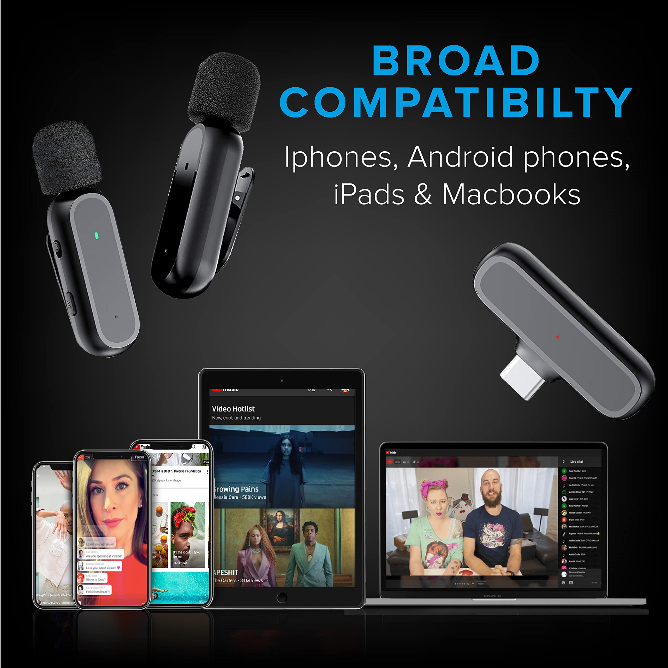 Dual Wireless Lavalier Microphone for iPhone & Android, Best Lapel Mic for Video Recording, YouTube, TikTok, IG, Podcasts & Interviews - Noise Reduction, Plug & Play, Includes Charging Case