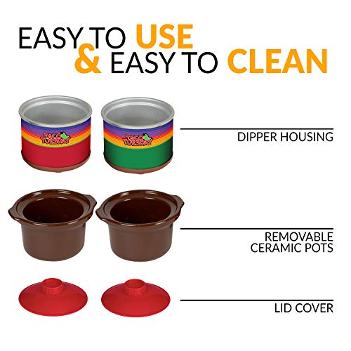 Nostalgia Taco Tuesday Two Mini Fiesta Dippers, 0.65 Qt. Capacity, Includes Lid, Perfect For Queso, Chili, Beans, Chicken, Beef, Red/Green