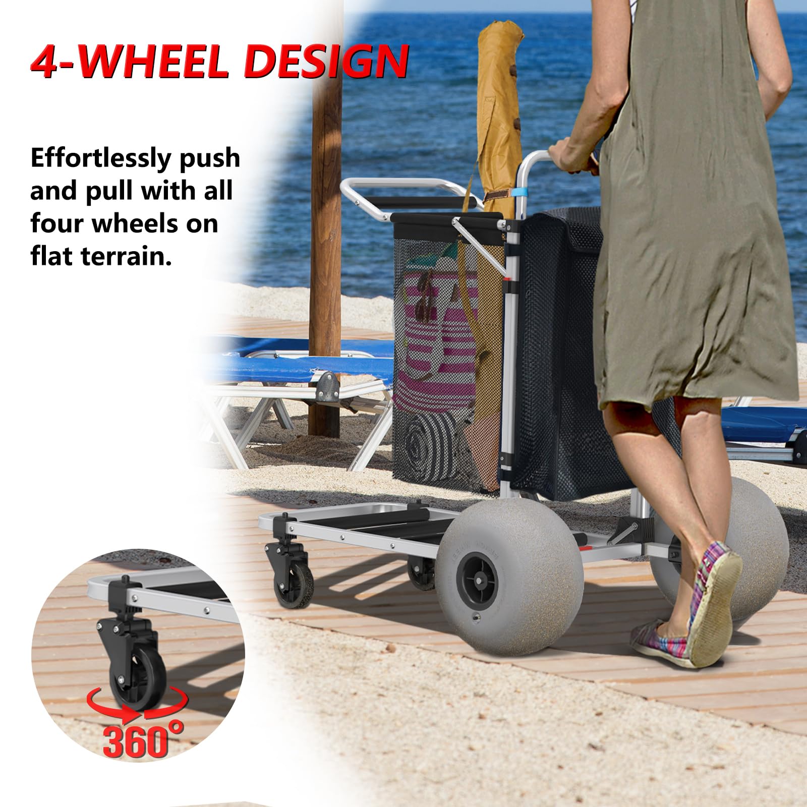 GDLF Beach Cart for All Types of Sand, Foldable Beach Cart with Adjustable Handle and 12" Balloon Wheels, Heavy Duty Aluminum Beach Wagon 220LBS Loading Capacity and Large Cargo Deck 29.5" x 16"