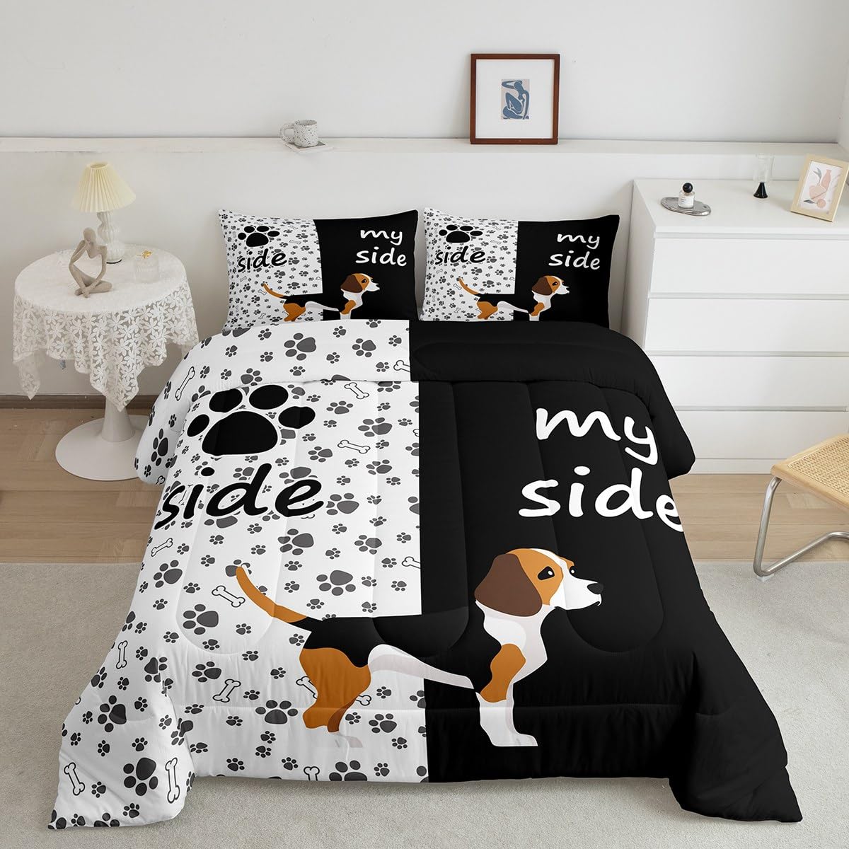 Lovely Dog Paw Comforter Set Full,Cute Puppy Bones Bedding Set Black and White Animal Theme Down Comforter Ultra Warm Dog Side My Side Quilted Duvet for Kids Boys Girls Couple with 2 Pillow Shams
