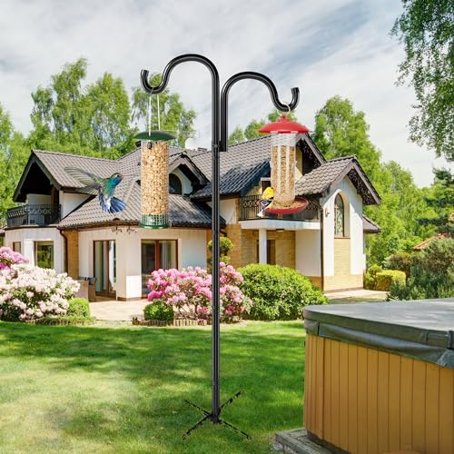 Double Shepherds Hooks for Outdoor,76" Heavy Duty Bird Feeder Pole with 5 Prong Base, Adjustable Shepherds Hook for Bird feeders Outside, Garden, Weddings, Hanging Plants