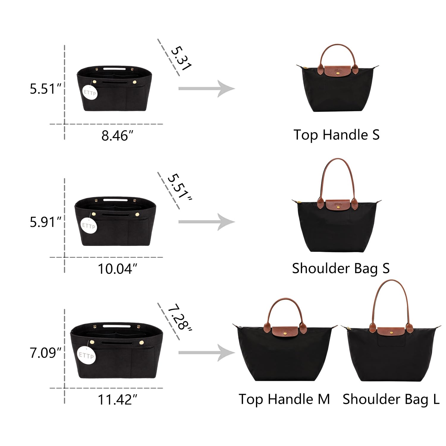 ETTP Purse Organizer Insert for le pliage Tote,Handbag Organizer Compatible with le pliage Shoulder Bag Large/Small,LE PLIAGE Top Handle Small/Medium (Black, Large)