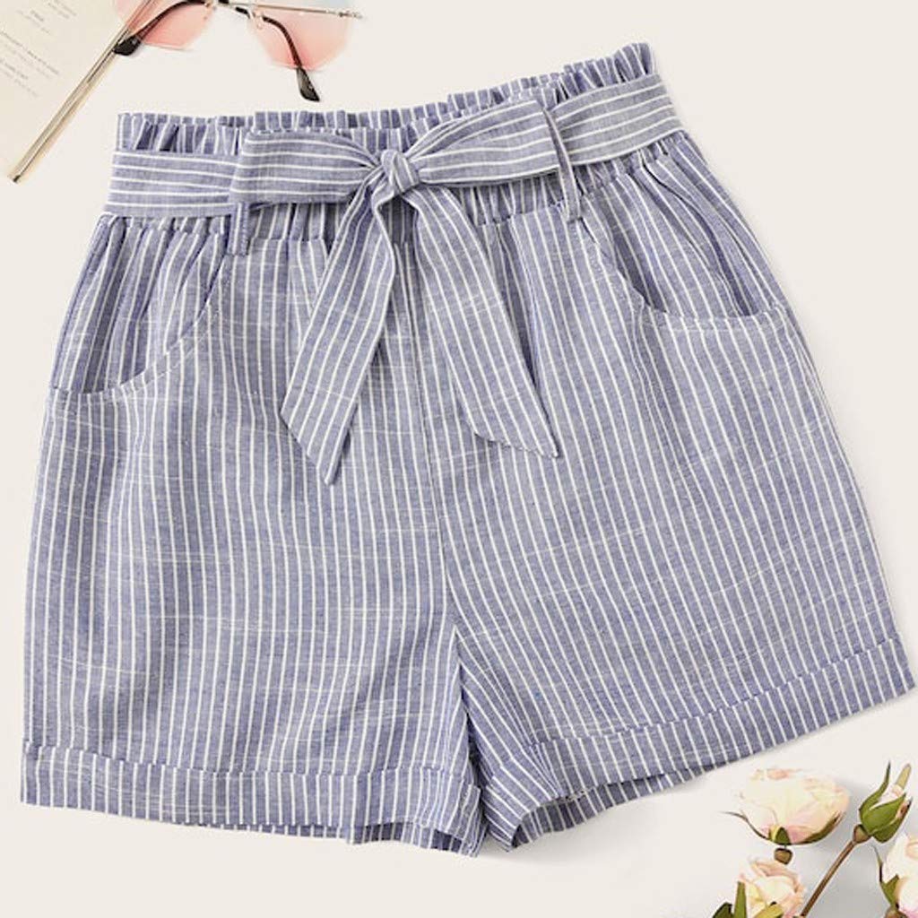 Shakumy Women Casual Elastic Waist Striped Bowknot Shorts Loose Stretch Summer Beach Shorts with Pockets Workout Hot Pants
