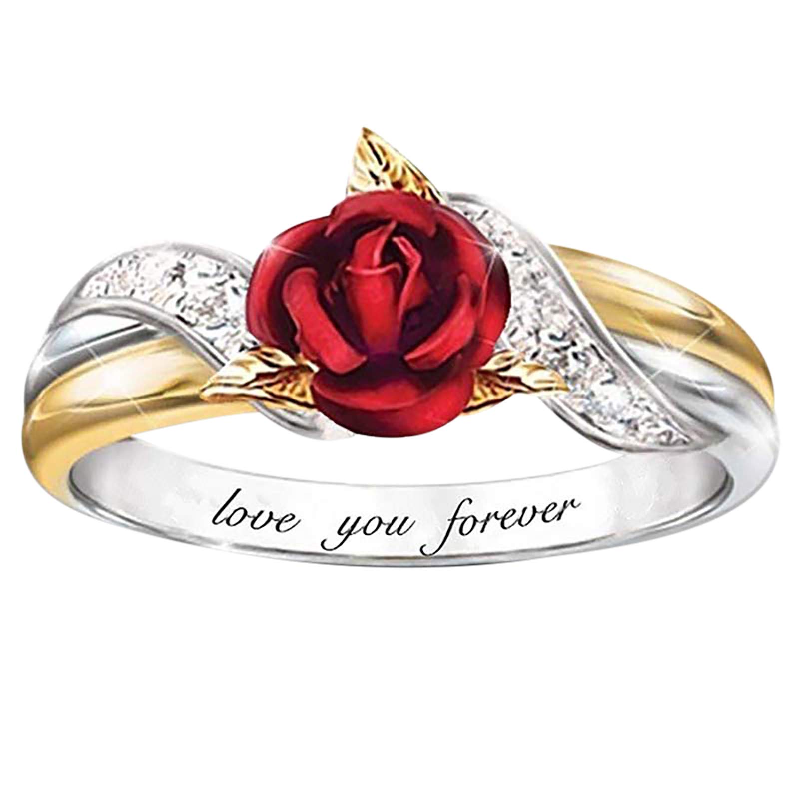 Tuuu Fashion Rose Crystal Ring, Cubic Zirconia Promise Engagement Ring Women Wedding Anniversary Jewelry