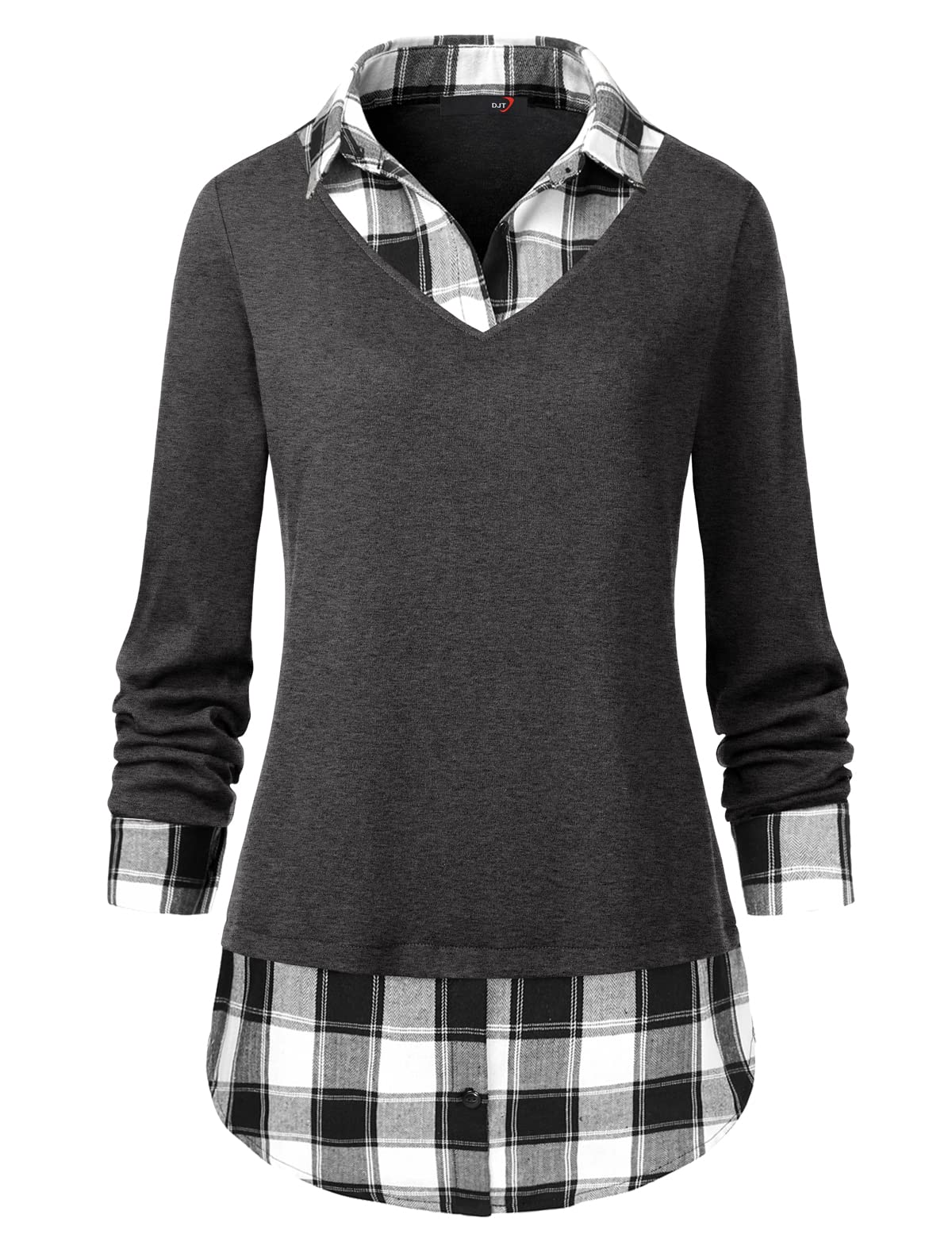 DJT Fashion Women's 2-in-1 Plaid Checker Pullover Sweatshirt T-Shirt Tops L Grey