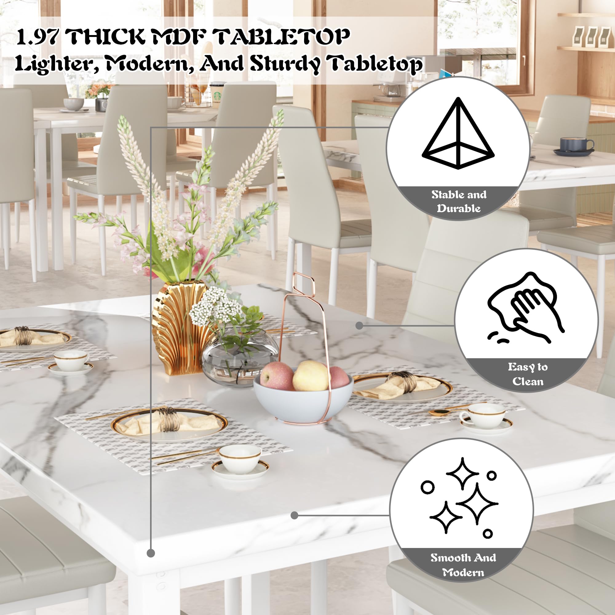 DKLGG Dining Table Set for 4, 5 Piece Kitchen Table Set with PU Leather Chairs Space-Saving Faux Marble Dining Room Table Set for 4 for Small Home Kitchen, Apartment