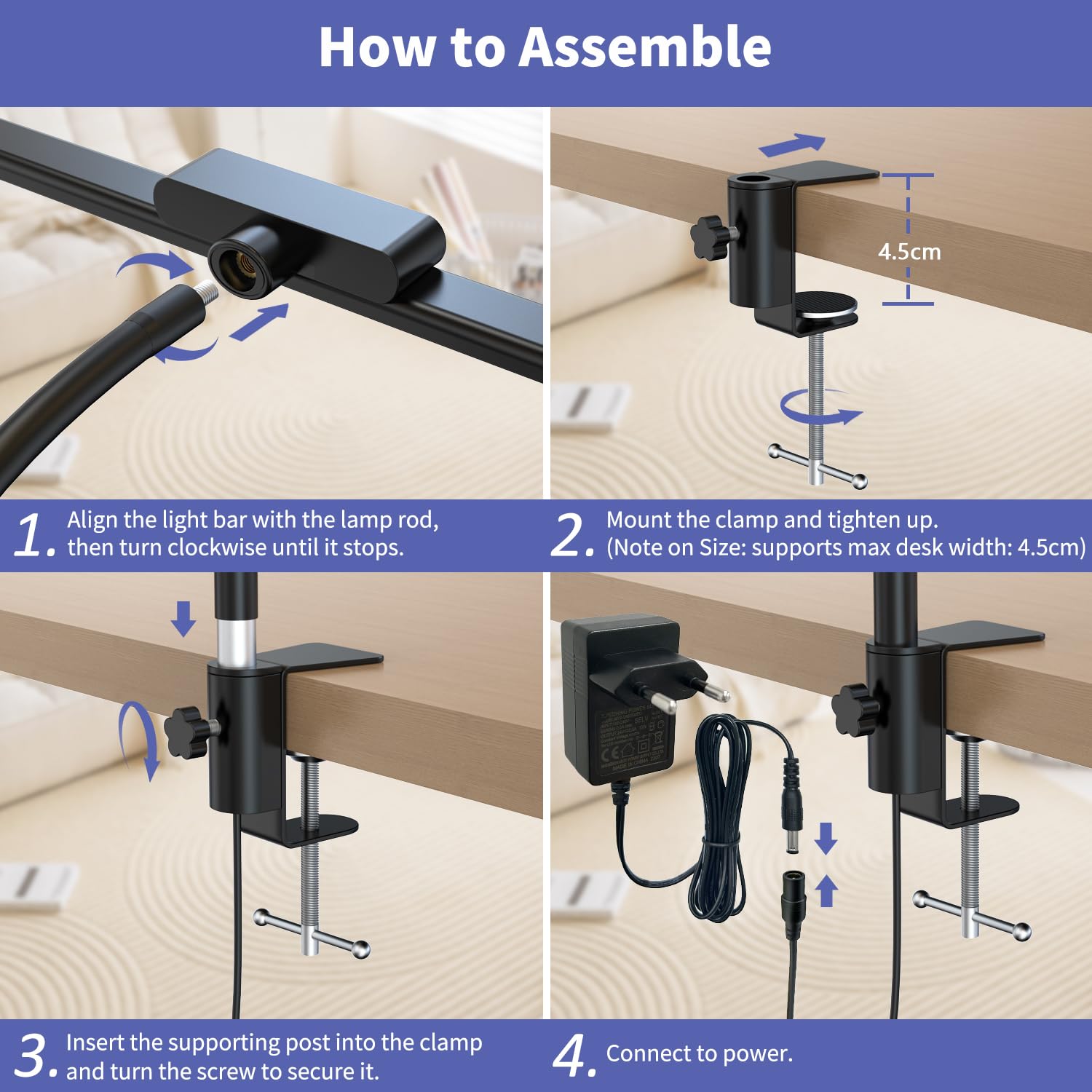 EppieBasic Desk Lamp with Clamp, 24V Led Desk Light Touch Control, Eye Care Architect Office Lamp 4 Color Modes, Adjustable Flexible Gooseneck Table Light for Home Office Study Reading