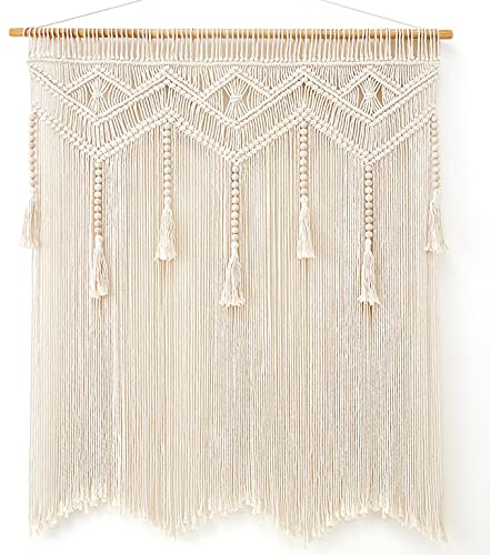 Mkono Macrame Wall Hanging Large Boho Decor Woven Wall Tapestry Chic Art Tassel Christmas Decoration for Backdrop over Bed Bedroom Nursery Dorm Classroom, Including Hanging Rod, 36''W x 42''H