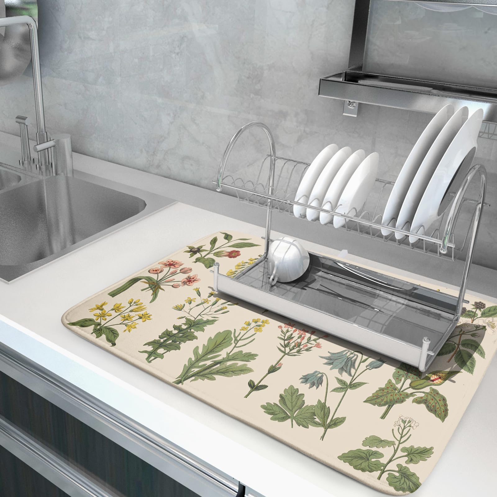 Flower Herbs Dish Drying Mat for Kitchen Counter Decor 18x24 Inch Absorbent Reversible Wild Plant Dish Mat Microfiber Drying Pad Sage Leaves Dish Drainer Rack Mats for Coffee Bar…