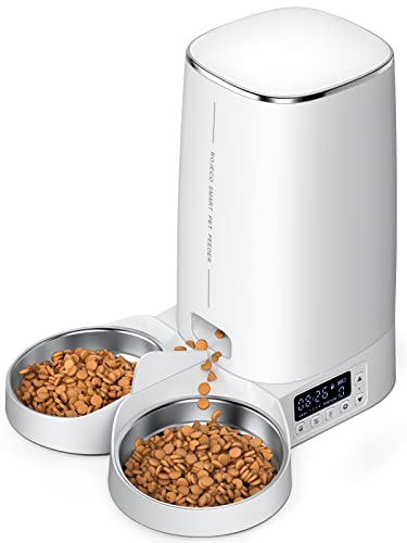 ROJECO Automatic Cat Feeders for 2 Cats, 4L Cat Dry Food Dispenser with Double Bowls, 1-4 Meals and 1-60 Portion Programmable, Dual Power Supply and Low Food Alarms, Timed Pet Feeder for Cats and Dogs