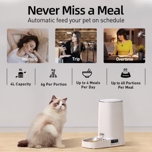 ROJECO Automatic Cat Feeders, 4L Cat Food Dispenser with Meals and Portion Programmable,Detachable Body Design for Cleaning, Dual Power Supply and Low Food Alarms, Auto Timed Feeder for Cats and Dogs
