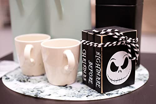 LIVDUCOT Mini Black Halloween Tiered Tray Decor Wood Decorative Book Stack-5x4x3" Rustic Farmhouse Fake Wooden Books for Home Table Decorations Nightmare Before Christmas & This is Halloween Sign