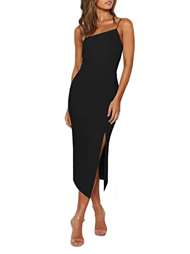 LYANER Women's Spaghetti Straps Split Slit Hem Sleeveless Zipper Bodycon Midi Dress Black Small