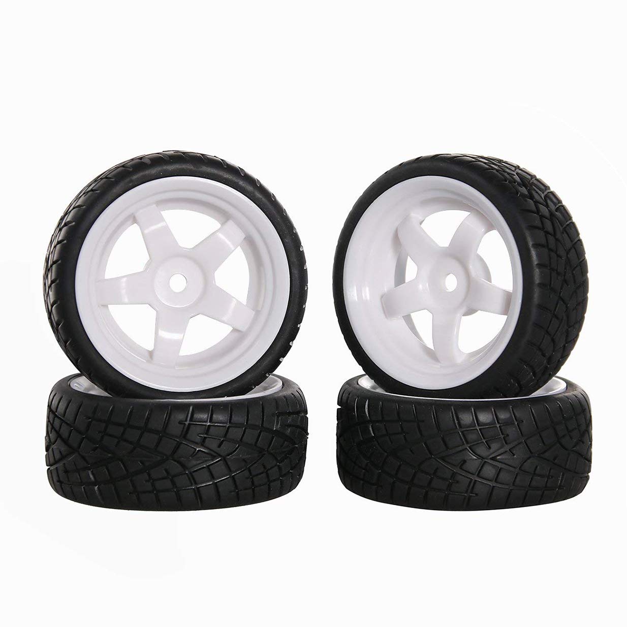 ShareGoo OD 2.55" 12mm Hex White 5-Spoke Plastic Wheel Rims & Rubber Tires Compatible with HSP HPI RC 1/10 On Road Racing Car