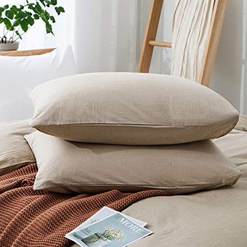 LOVQUE 100% Washed Cotton Duvet Cover Queen Size, Beige Fade-Resistant Linen Like Natural Bedding Set (No Comforter), 90x90 Inches