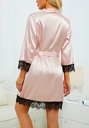 LYANER Women's 4pcs Sleepwear Satin Floral Lace Trim Cami Pajama Set with Robe Solid Pink Small